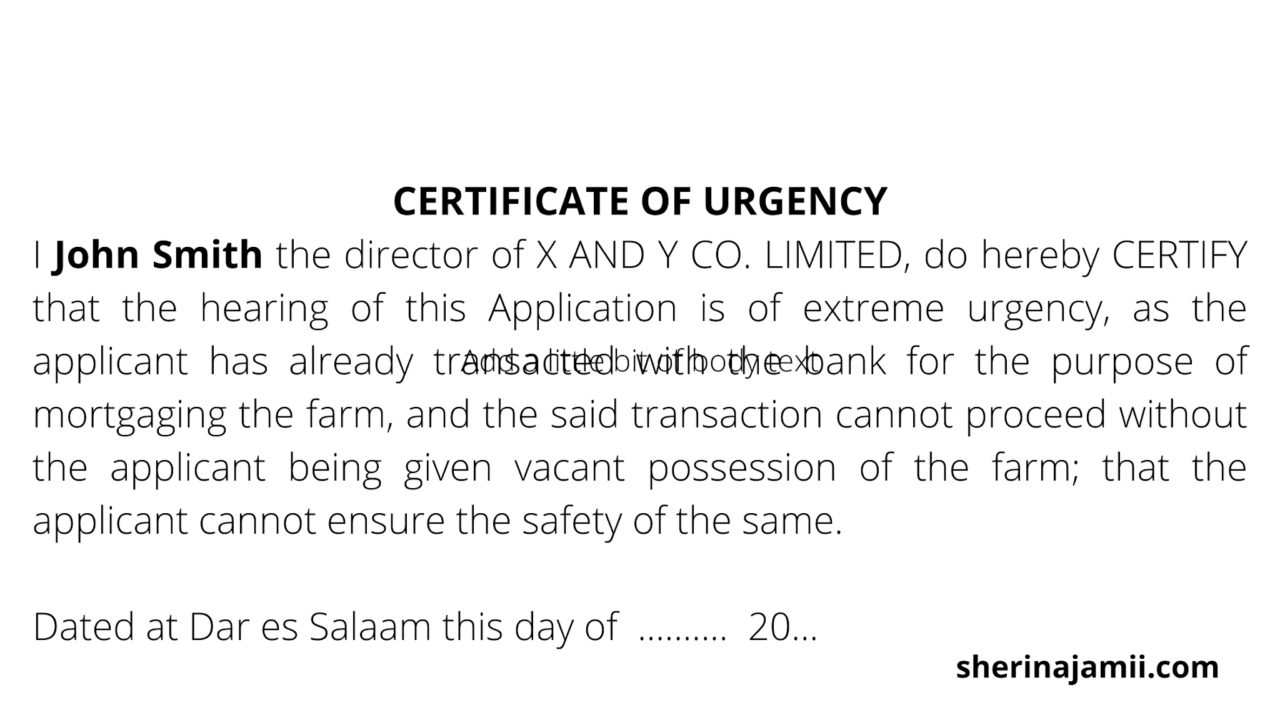Sample of certificate of urgency – Sheria na Jamii