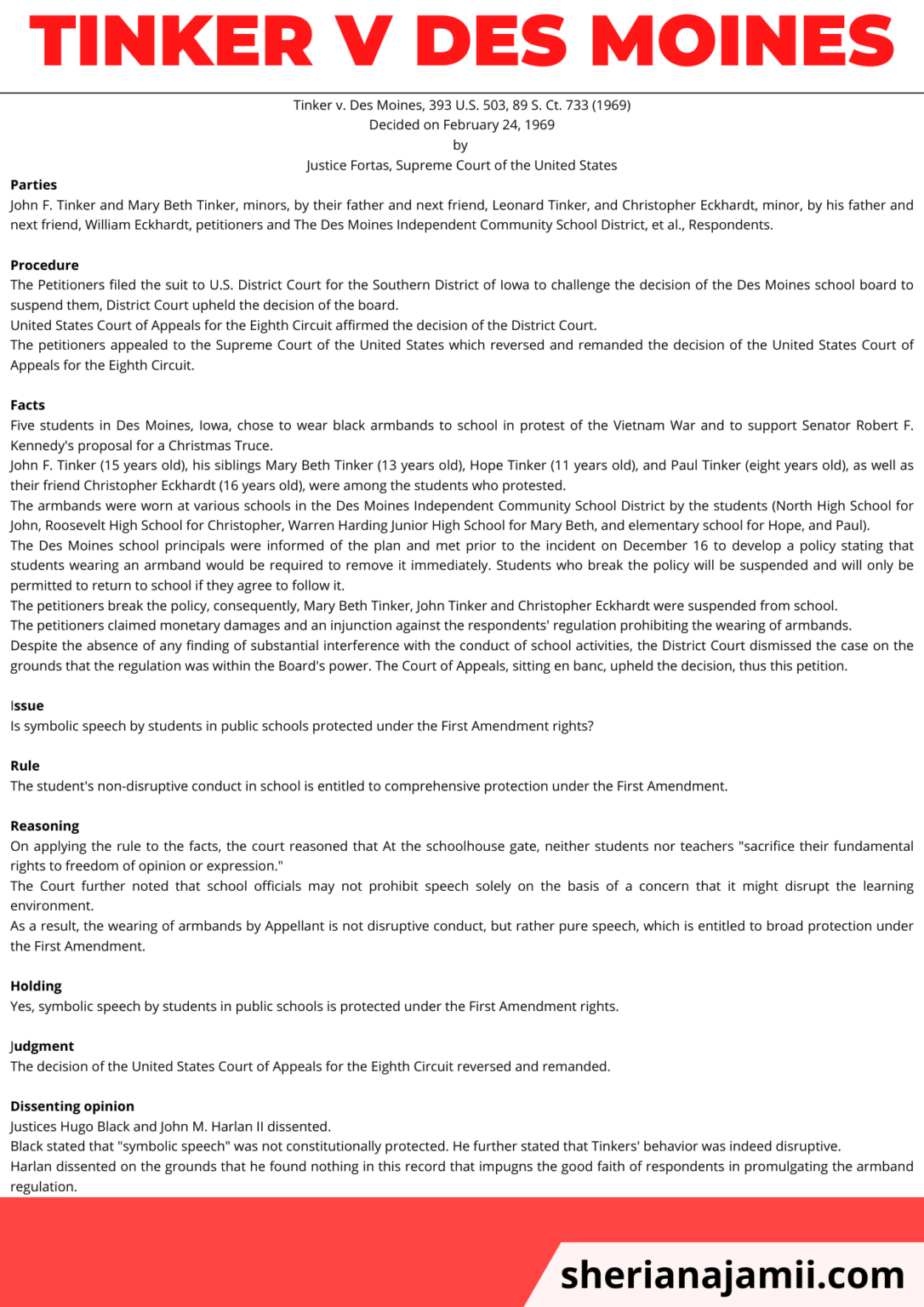 Tinker V Des Moines Case Brief + Full Opinion | Sheria Na Jamii