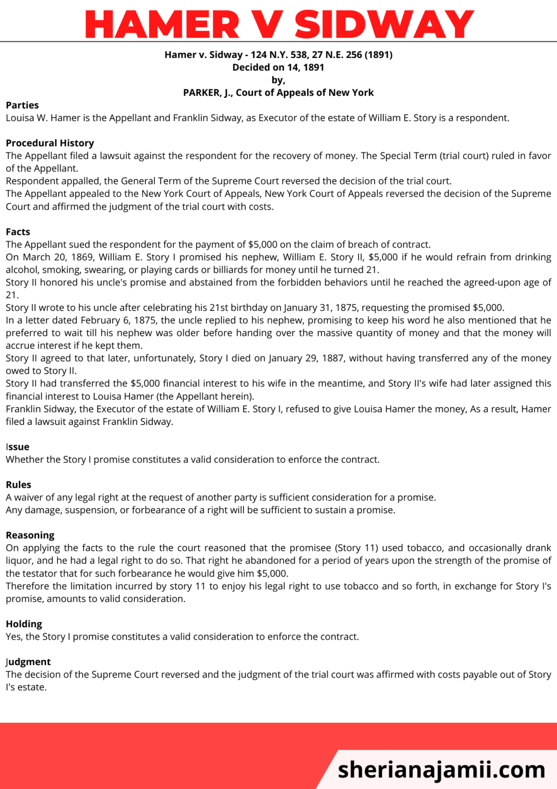 Hamer V Sidway Case Brief + Full Opinion | Sheria Na Jamii