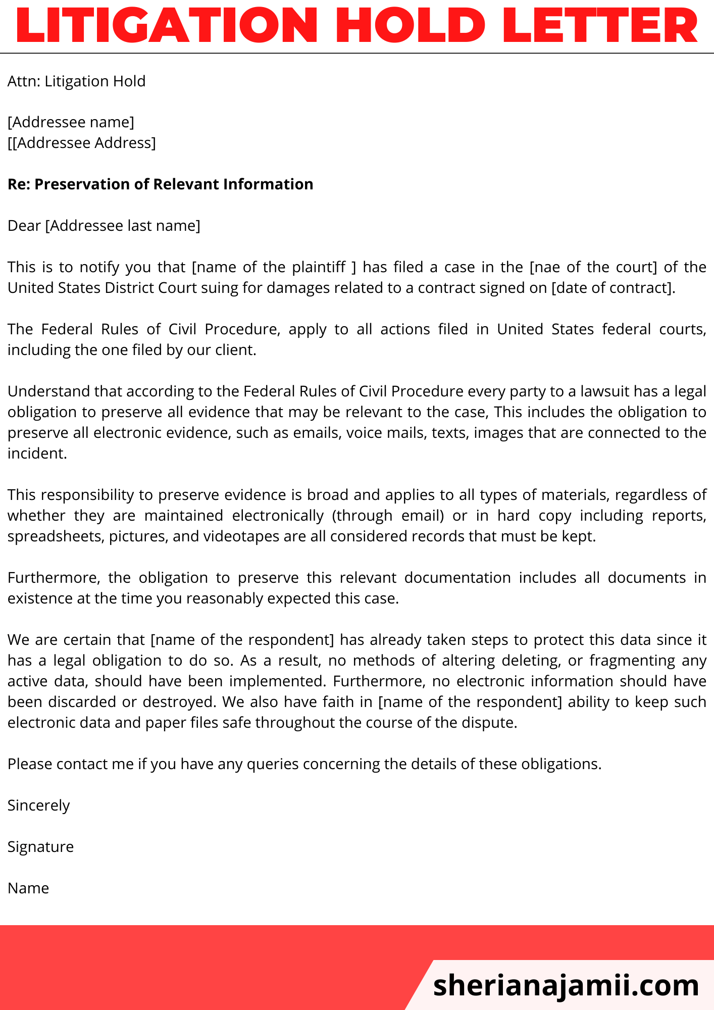 Notice Of Preservation Of Evidence Letter